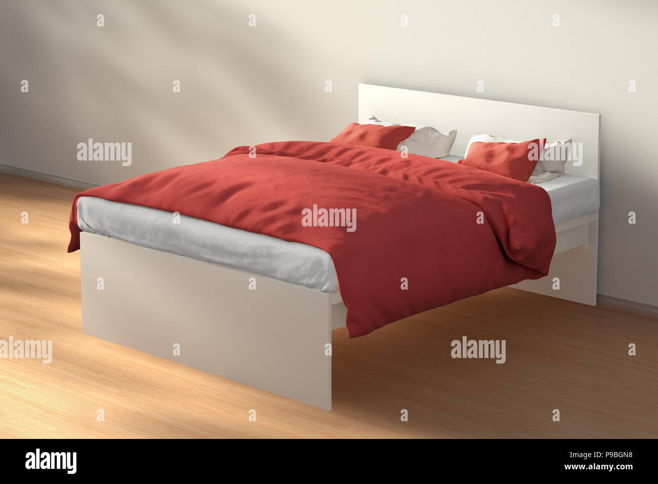 White queen size double bed with red linen in morning sunlight interior ...