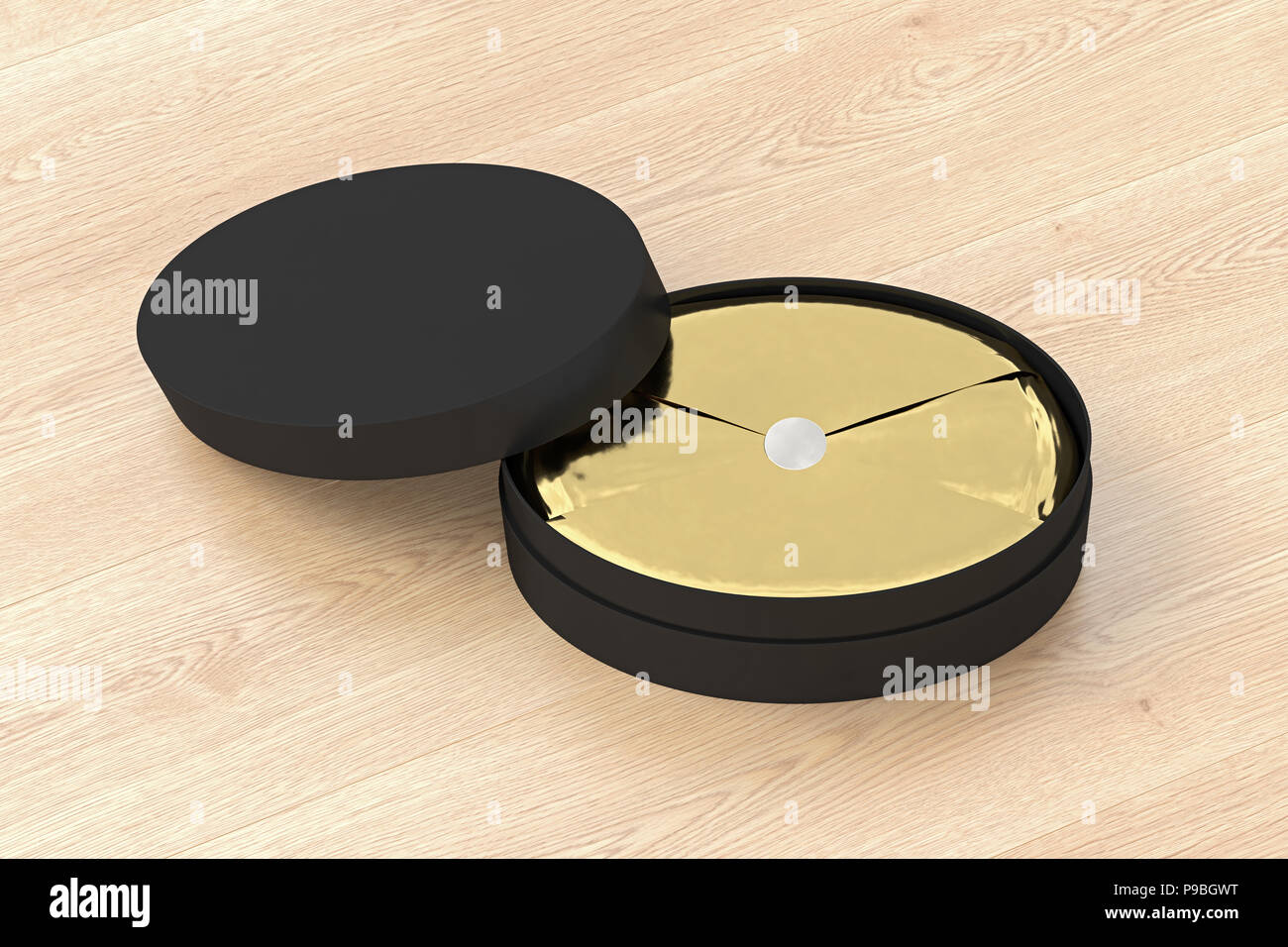 Black open oval gift box on wooden background. 3d render Stock Photo ...