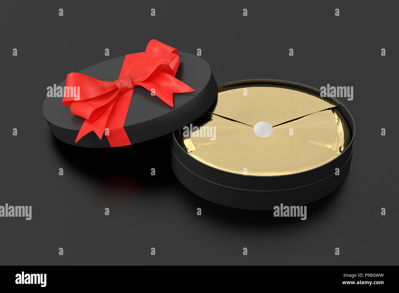 Black open oval gift box with red bow on black background with clipping ...