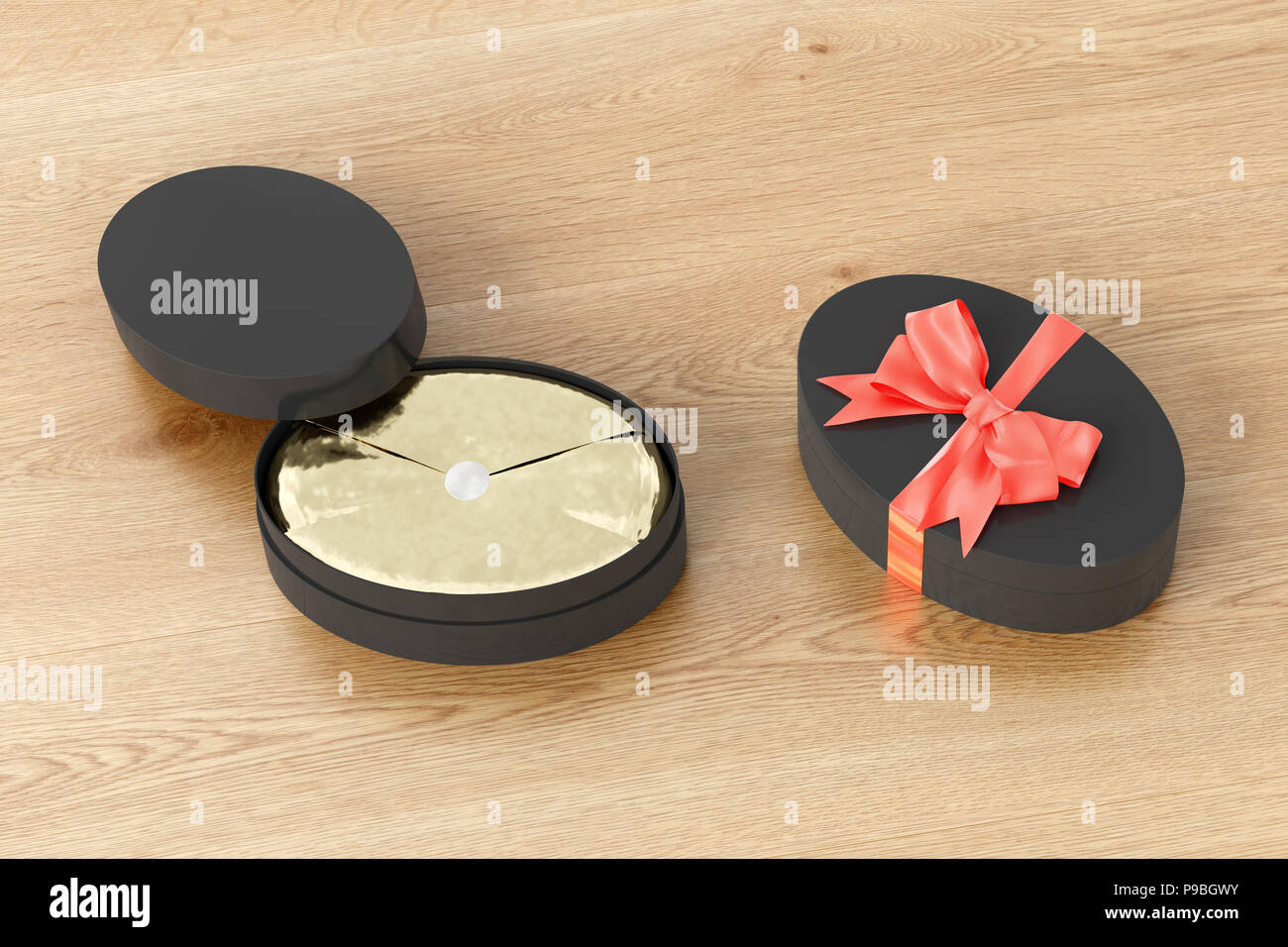 Open and closed black oval gift boxes isolated on wooden background. 3d ...