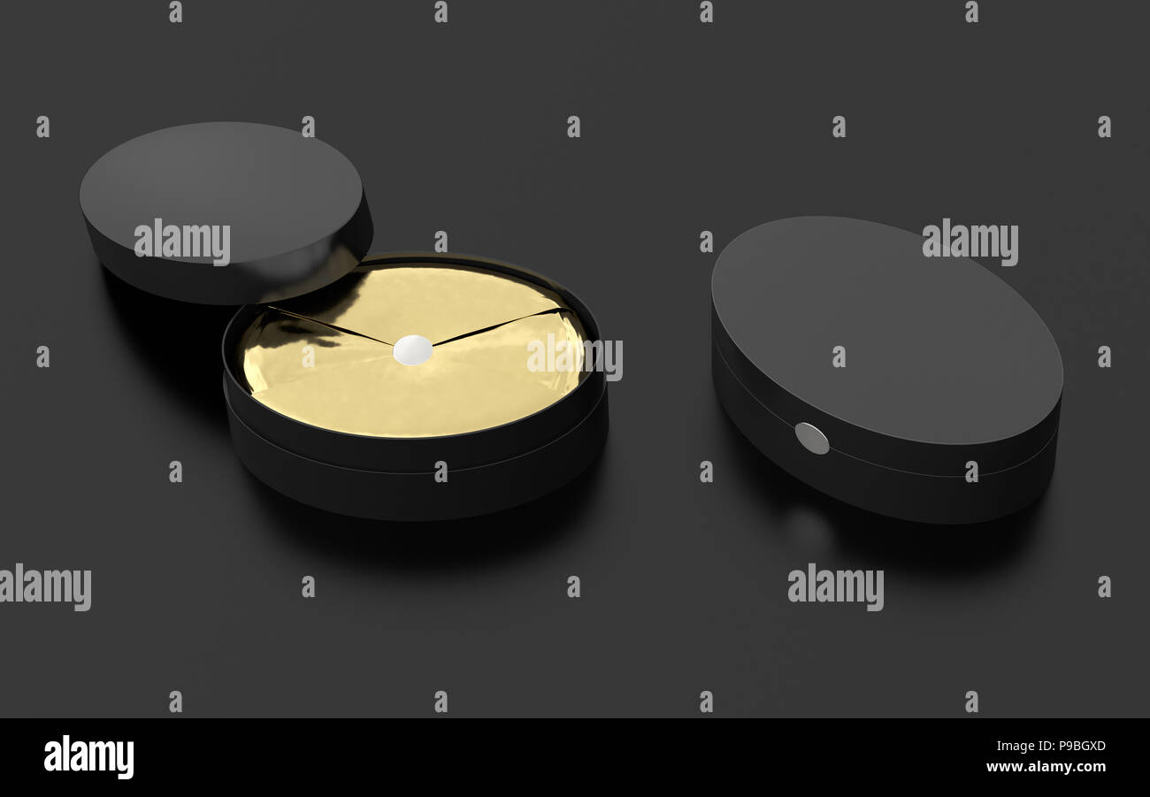 Open and closed black oval gift boxes isolated on black background. 3d ...