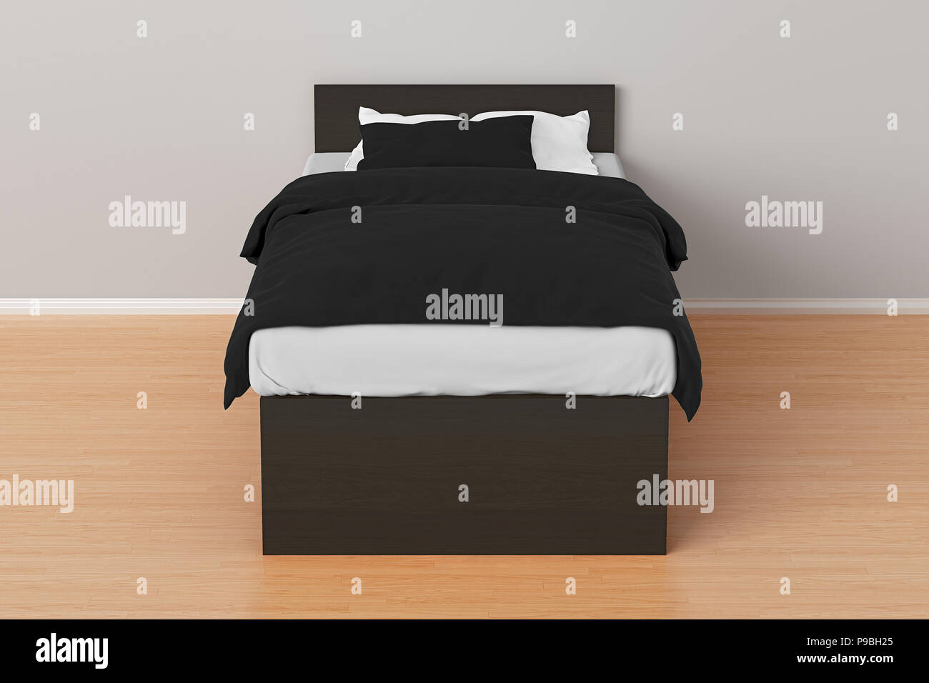 Dark brown twin size single bed with black linen in interior. 3d render ...