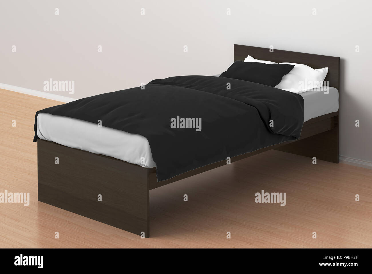 Dark brown twin size single bed with black linen in interior. 3d render ...