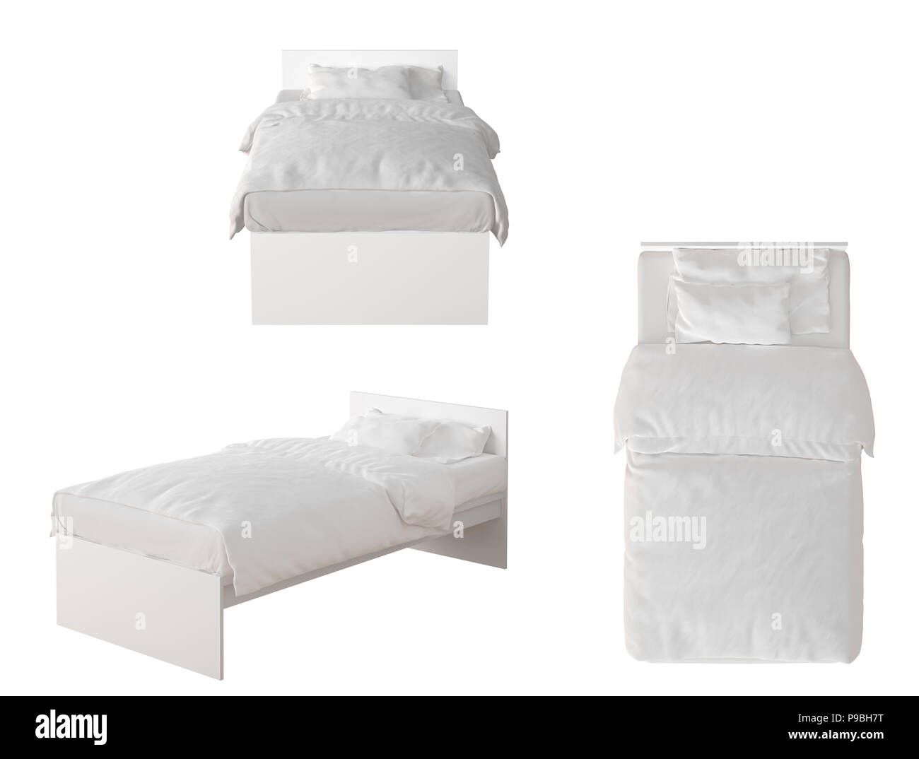 White twin size single bed with white linen isolated on white ...