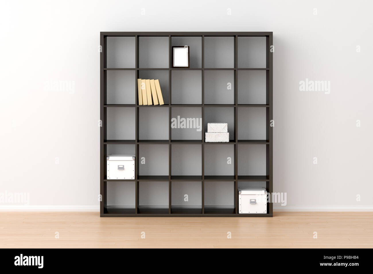Dark brown book rack isolated in interior. 3d render Stock Photo - Alamy