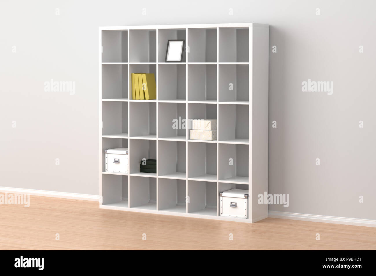 White book rack isolated in interior. 3d render Stock Photo - Alamy