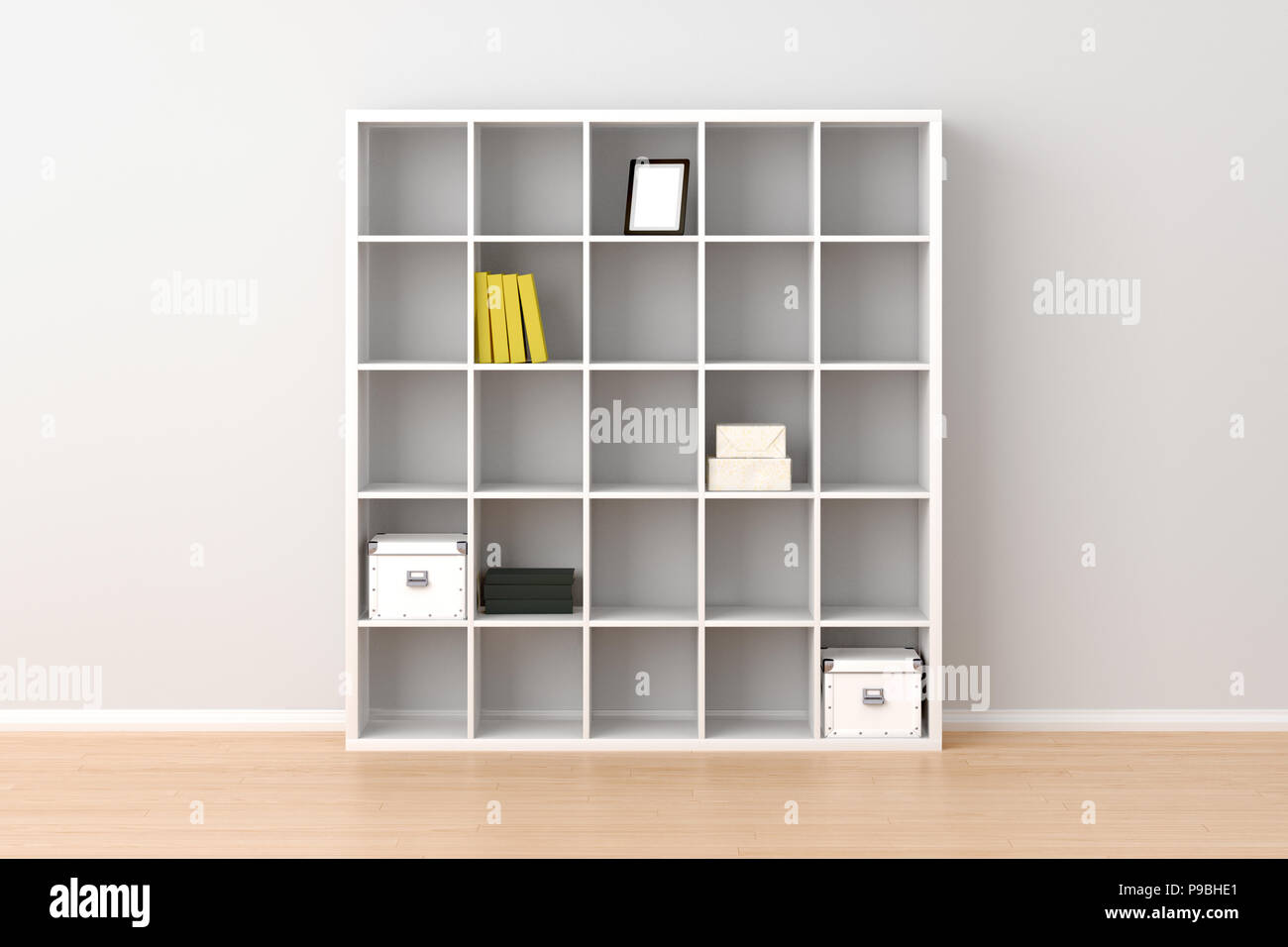 White book rack isolated in interior. 3d render Stock Photo - Alamy