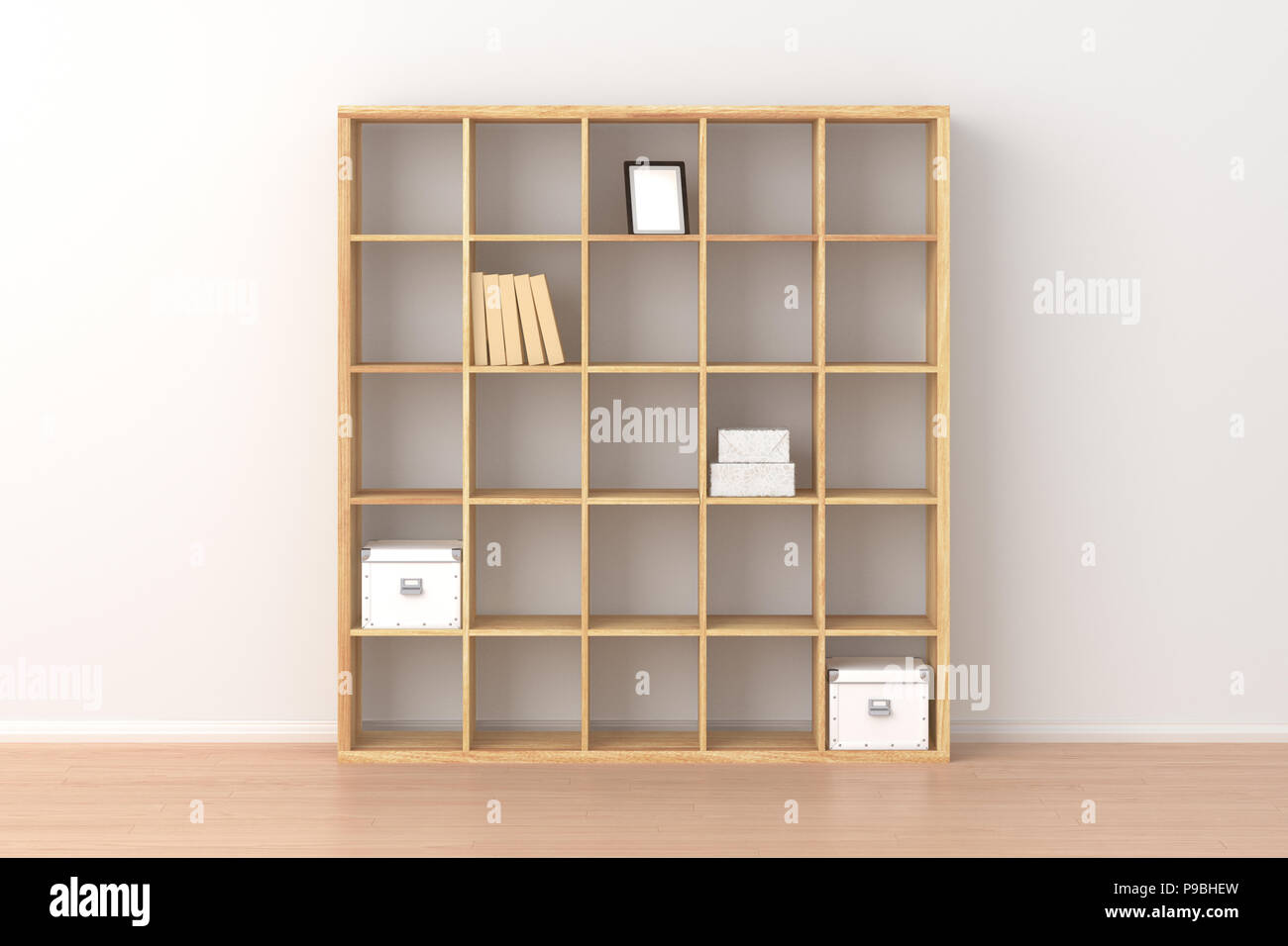 Wooden book rack isolated in interior. 3d render Stock Photo - Alamy