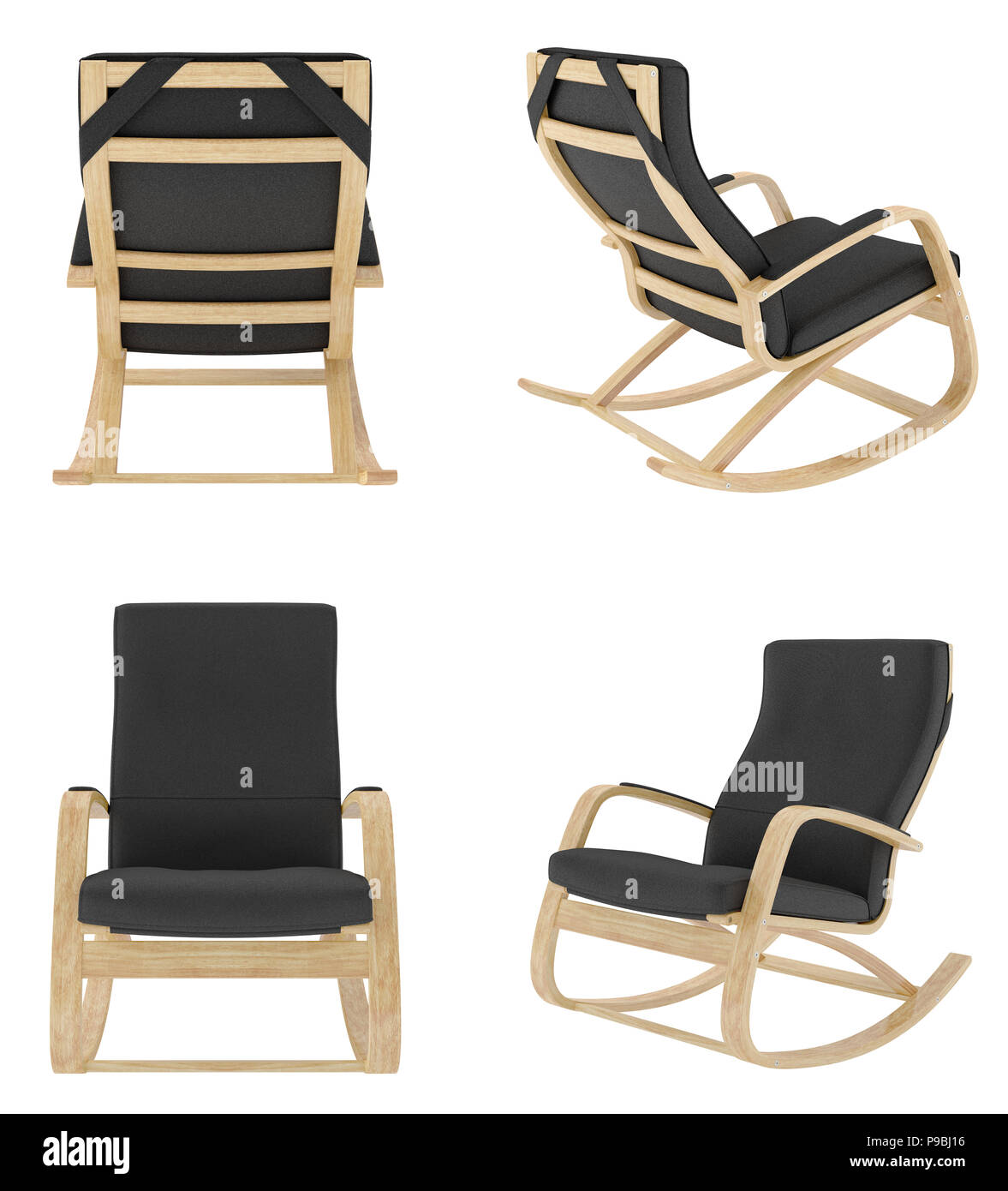 Set of black rocking chair isolated on white background. 3d render ...