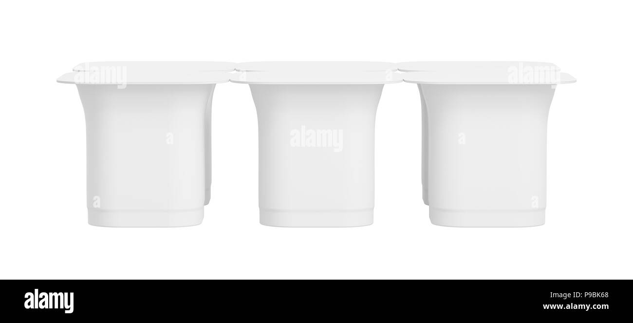 Blank pack of six yogurt packaging. Mockup dessert plastic container ...