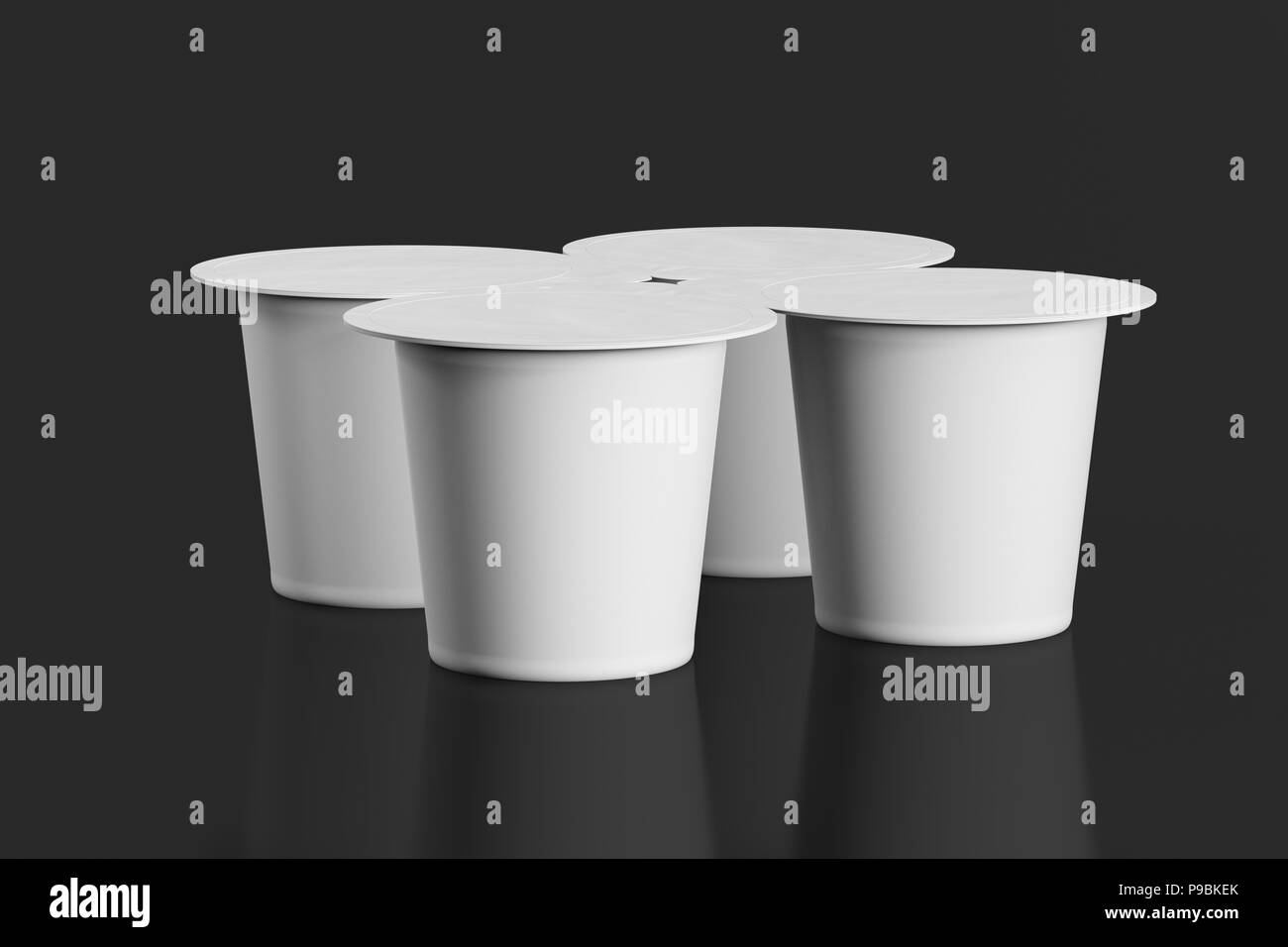 Blank pack of four yogurt packaging. Mockup dessert plastic container ...