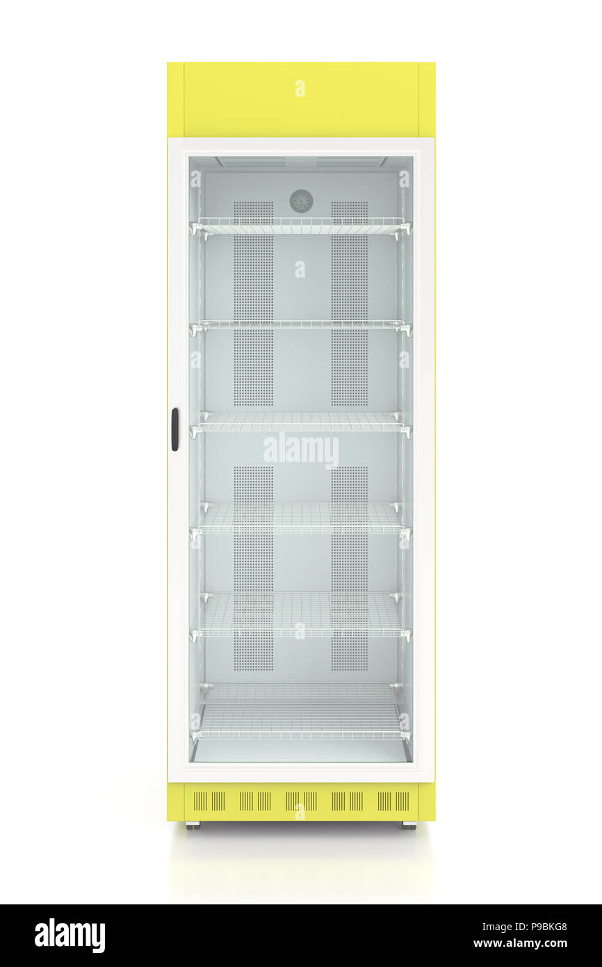 Empty glass door yellow display refrigerator. Isolated on white ...