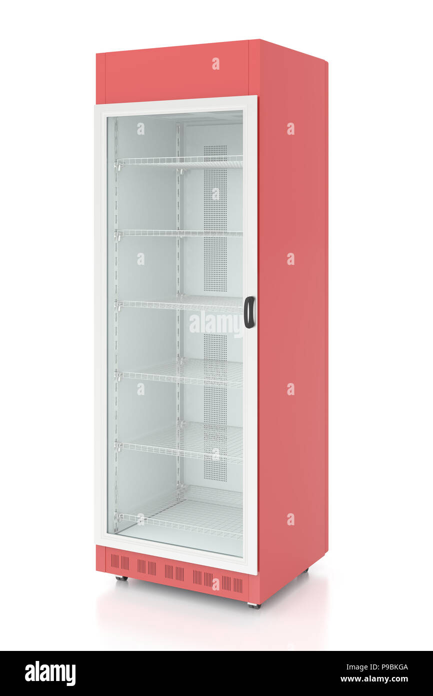 Empty glass door red display refrigerator. Isolated on white background ...