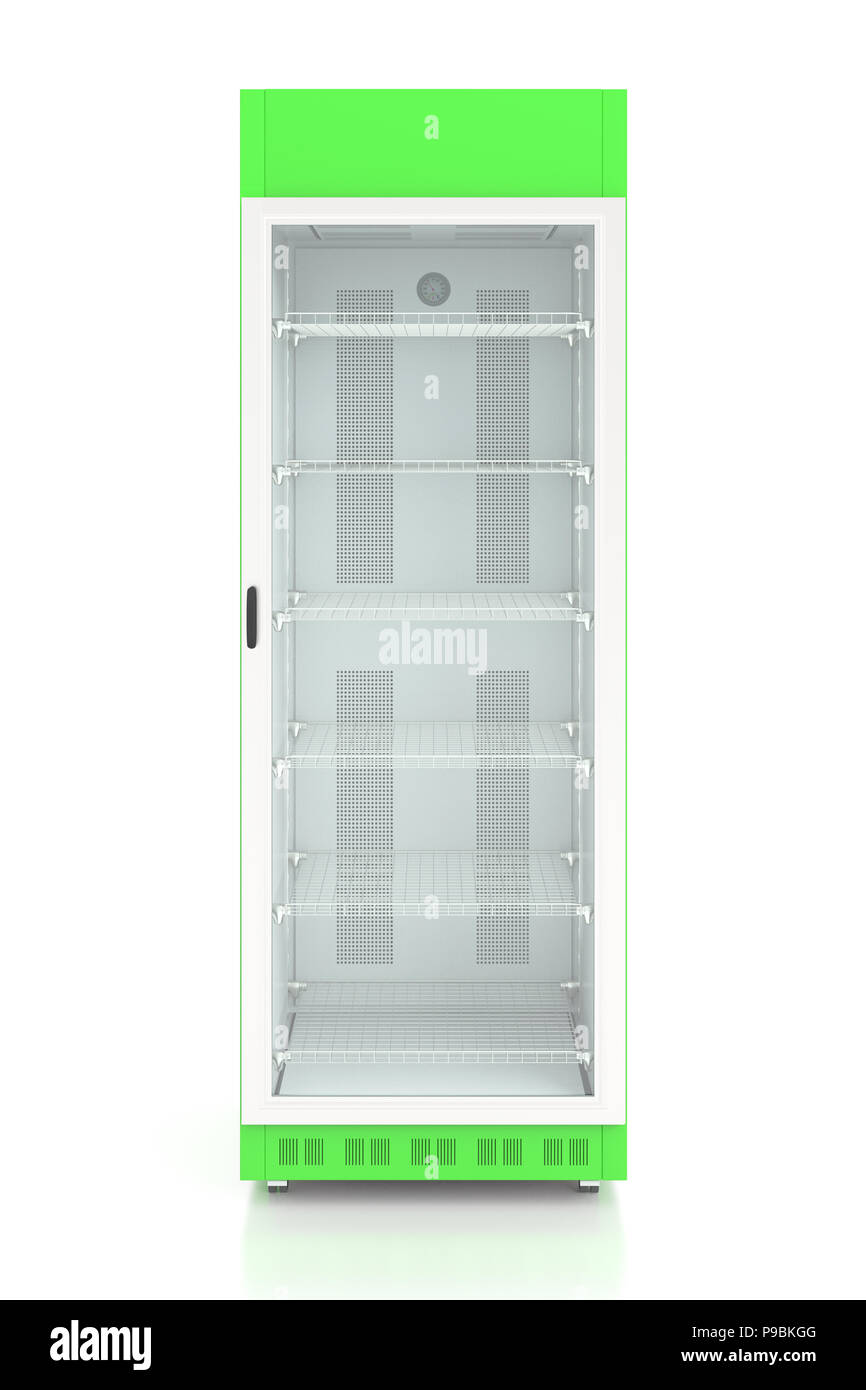 Empty glass door green display refrigerator. Isolated on white ...