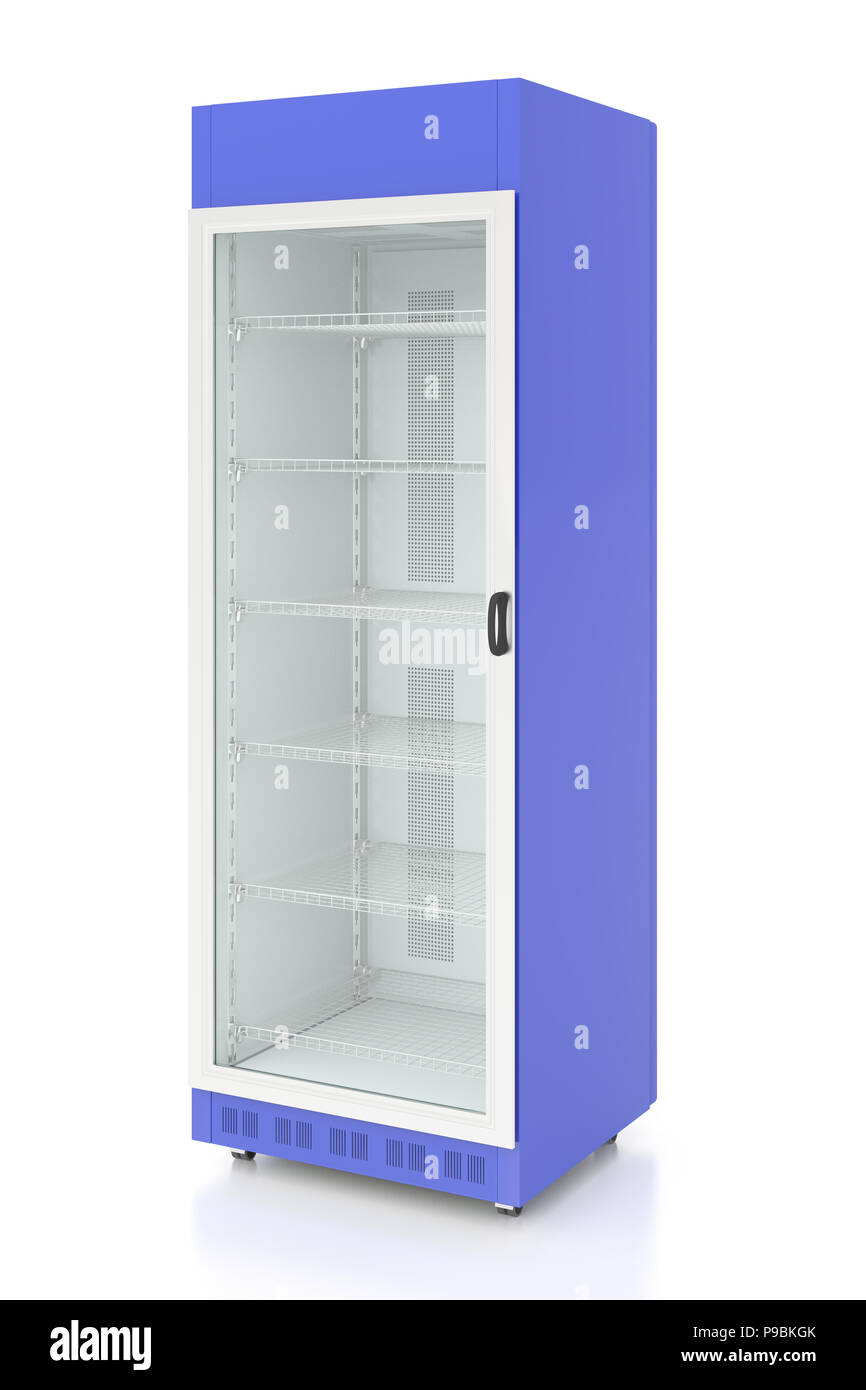 Empty glass door blue display refrigerator. Isolated on white ...