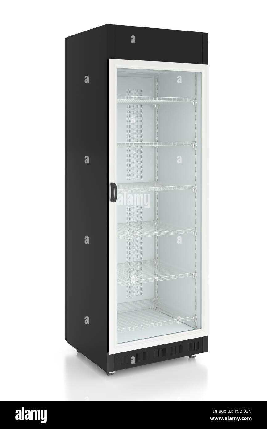 Empty glass door black display refrigerator. Isolated on white ...