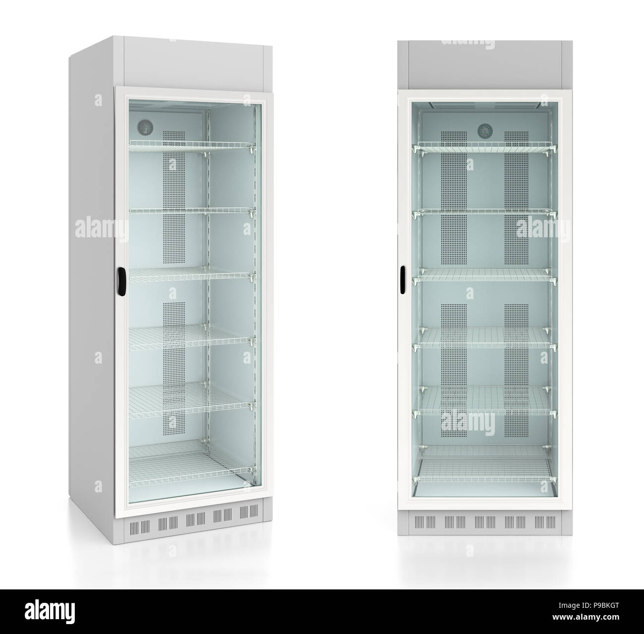 Set of empty glass door display refrigerator. Isolated on white ...