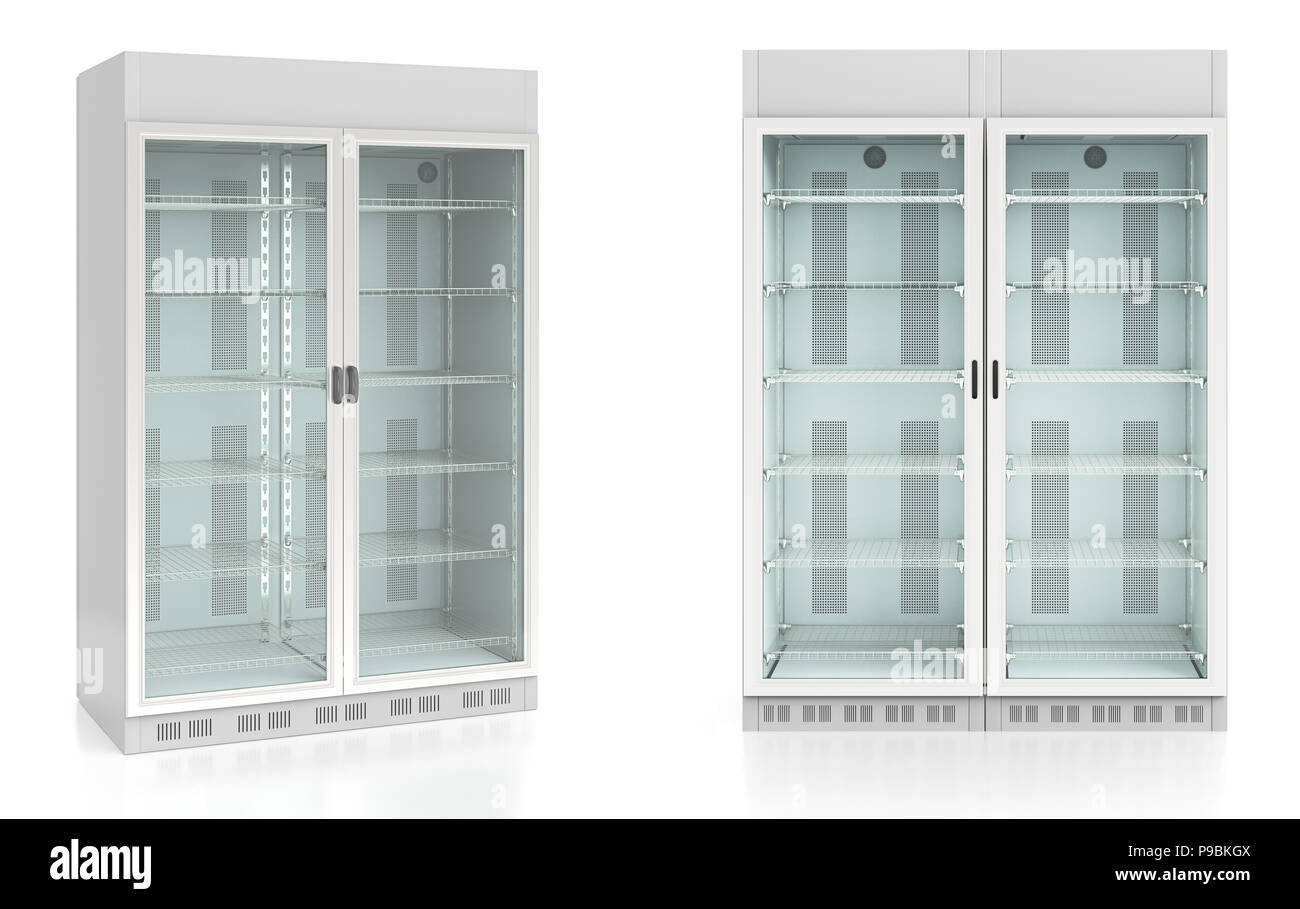Set of empty glass two door display refrigerator. Isolated on white ...