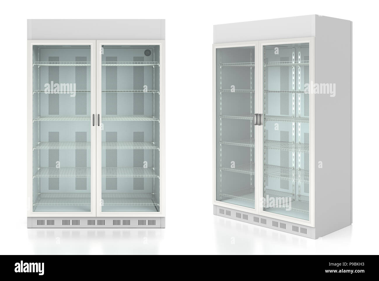 Set of empty glass two door display refrigerator. Isolated on white ...