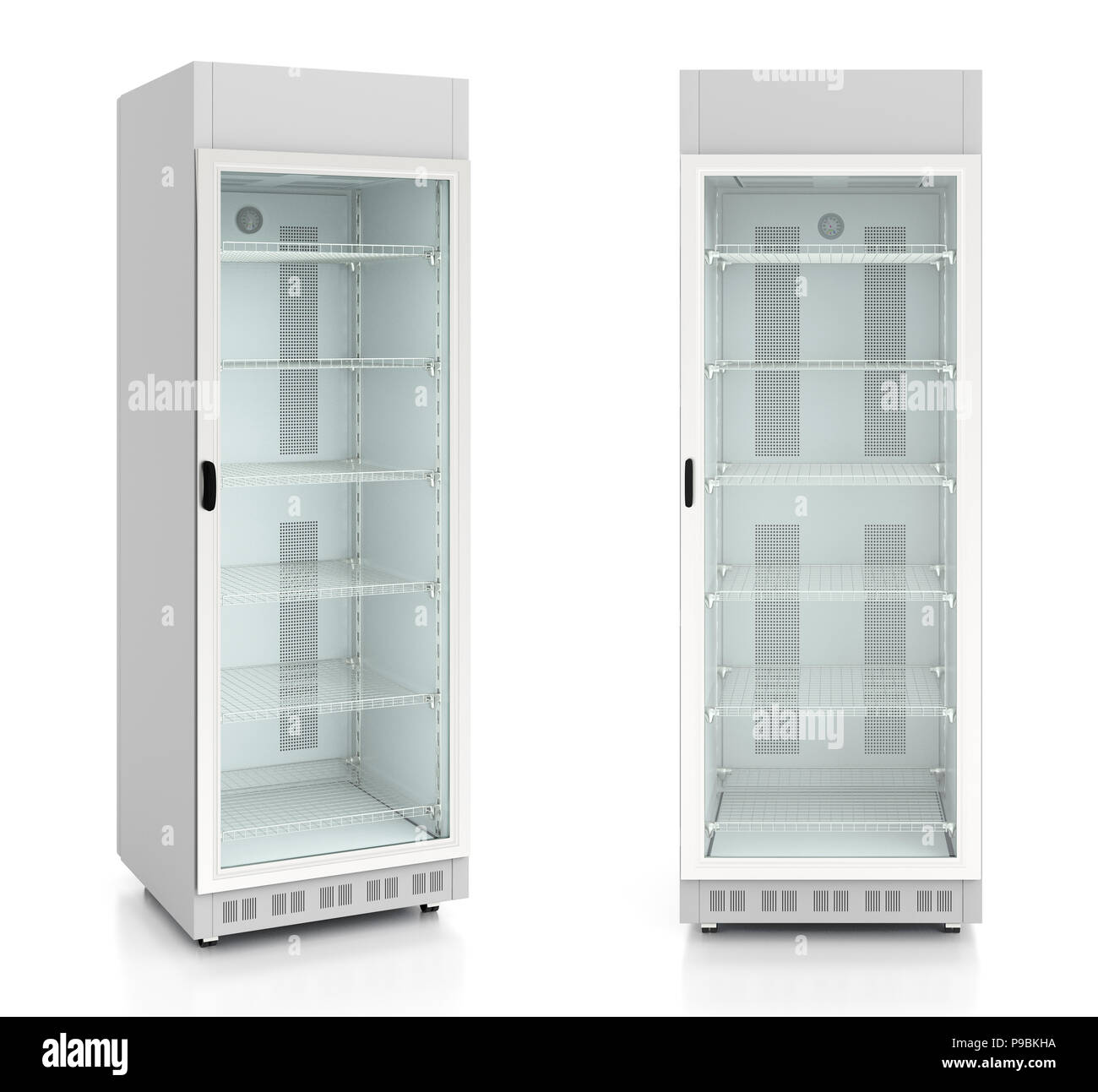 Set of empty glass door display refrigerator. Isolated on white ...