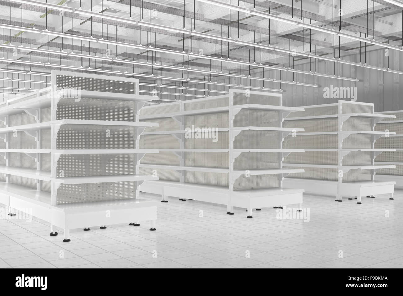 Store interior with empty supermarket shelves. 3d render Stock Photo ...