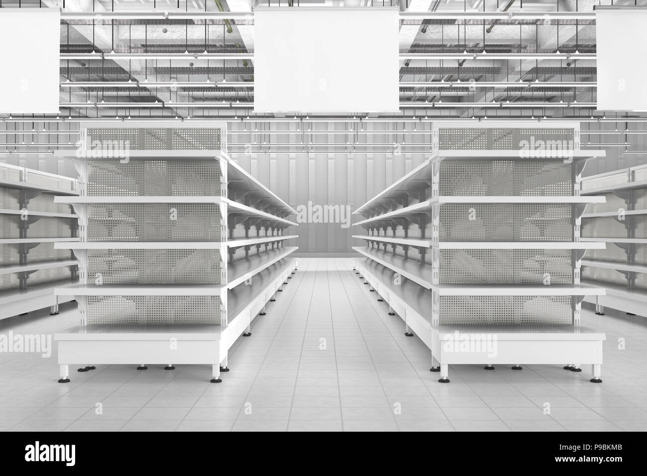Store interior with empty supermarket shelves and blank advertising ...