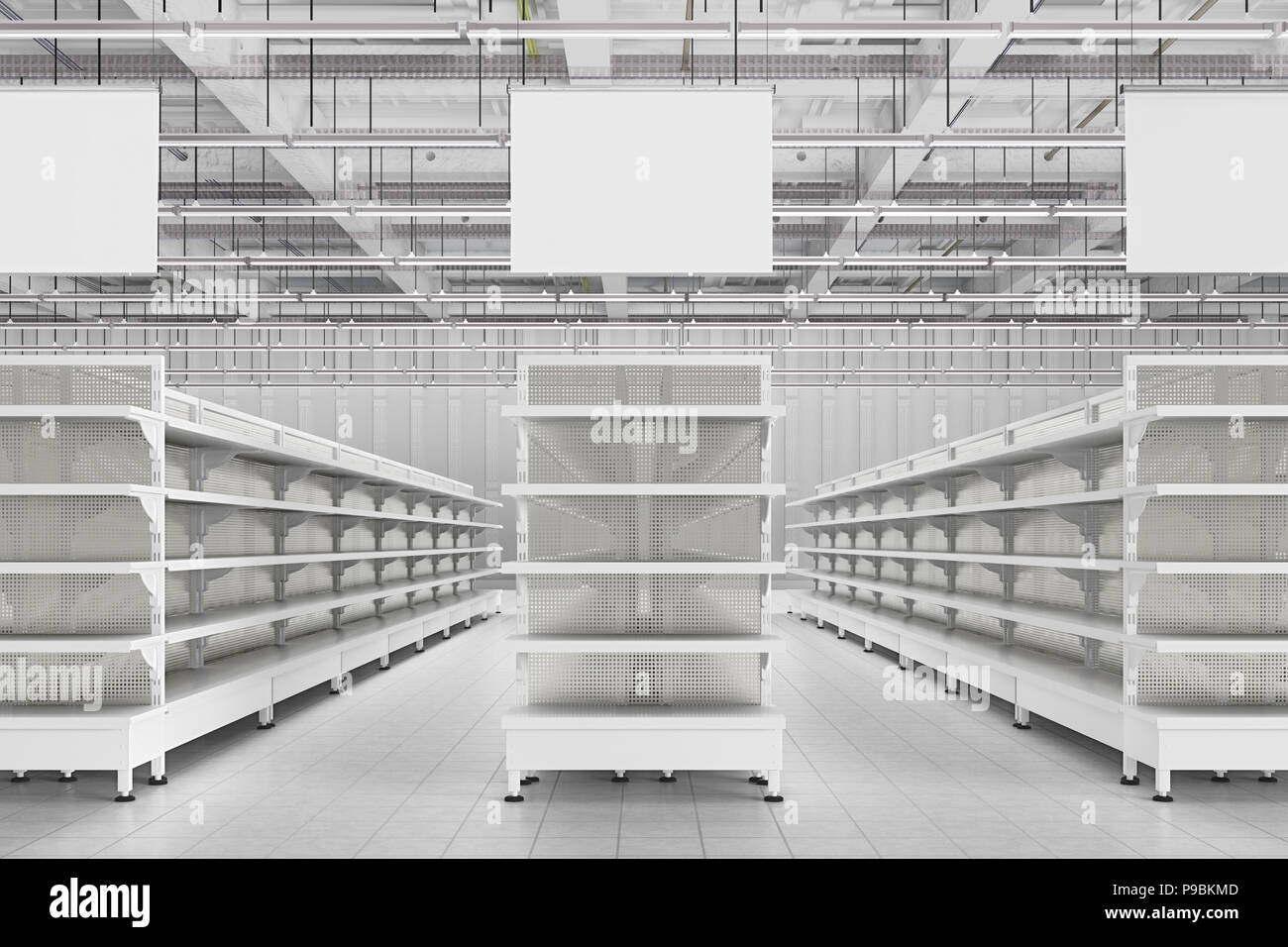 Store interior with empty supermarket shelves and blank advertising ...