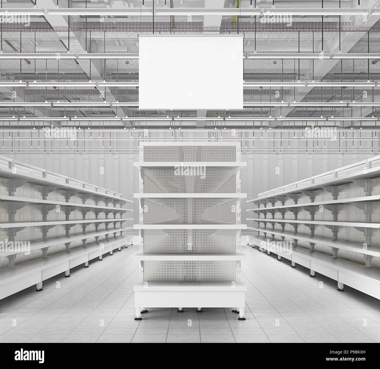 Store interior with empty supermarket shelves and blank advertising ...
