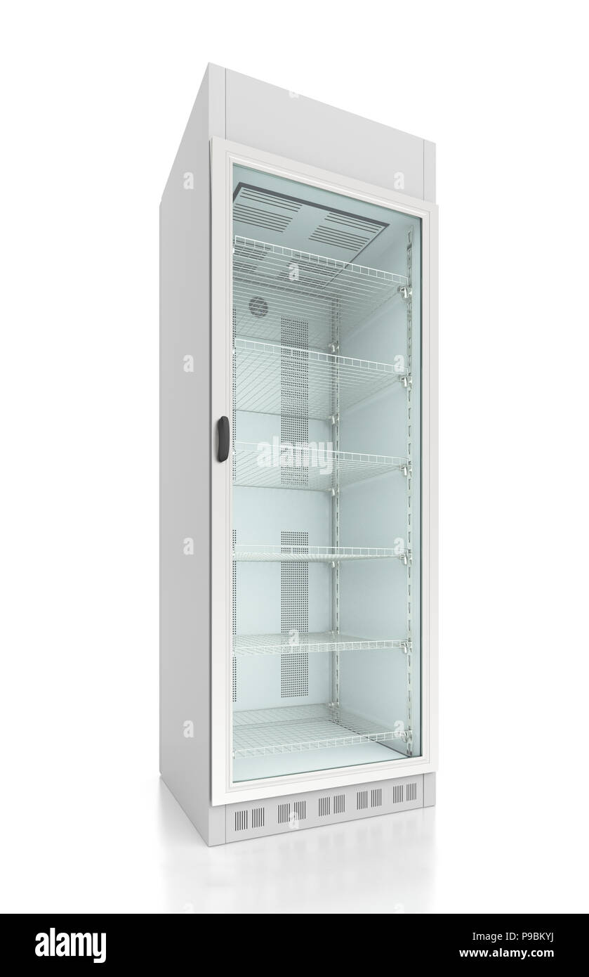 Empty glass door display refrigerator. Isolated on white background ...