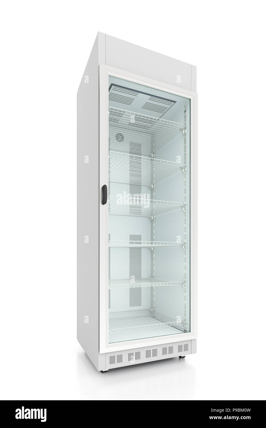 Empty glass door display refrigerator. Isolated on white background ...