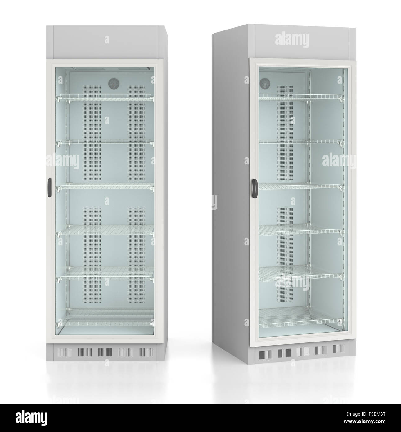 Two empty glass door display refrigerators. Isolated on white ...