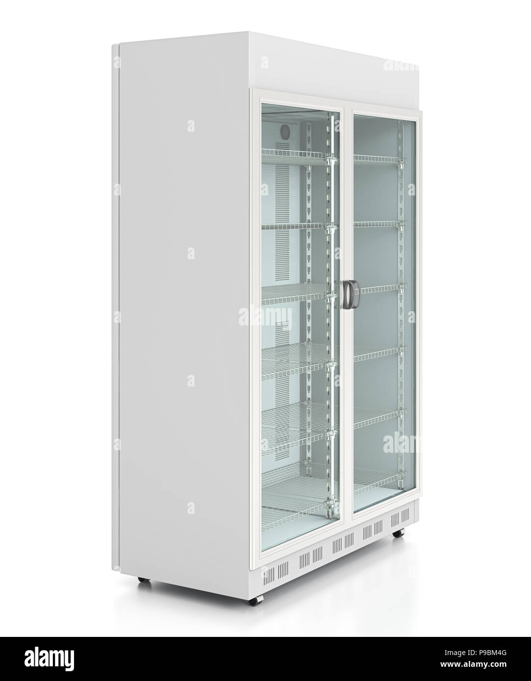 Empty glass two door display refrigerator. Isolated on white background ...