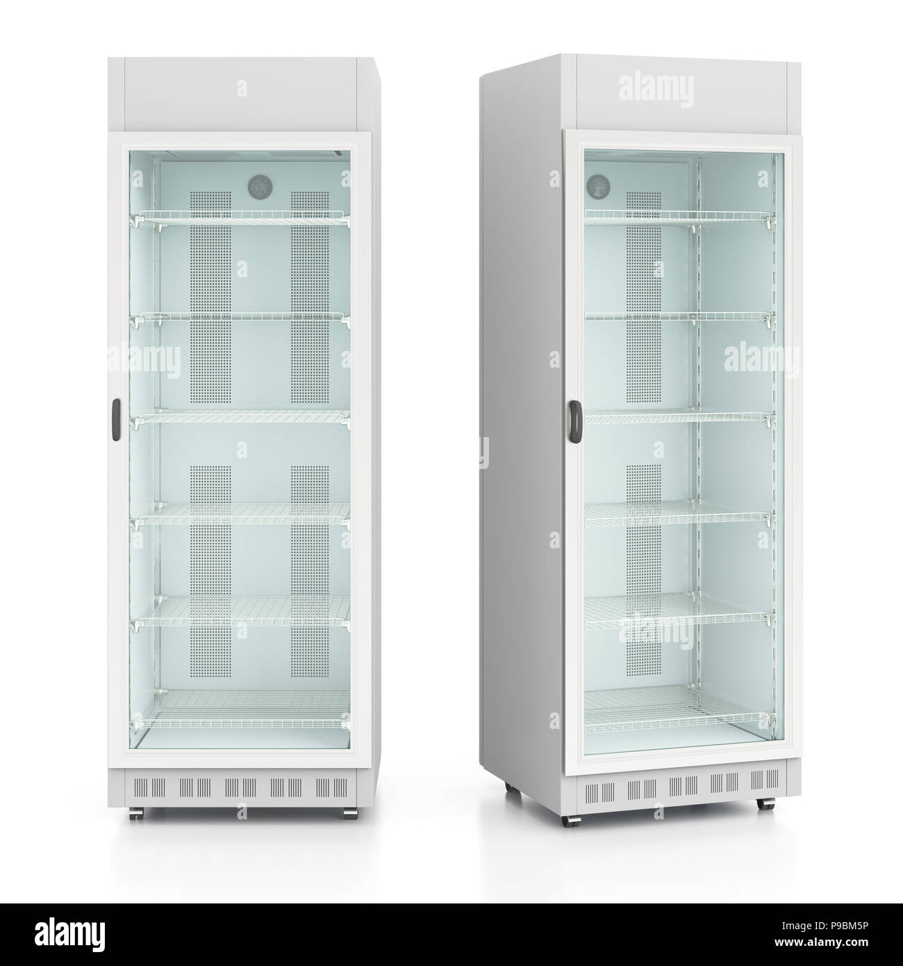 Two empty glass door display refrigerators. Isolated on white ...