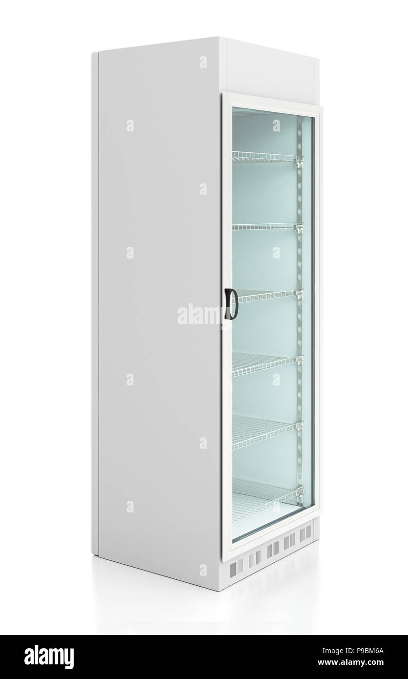 Empty glass door display refrigerator. Isolated on white background ...
