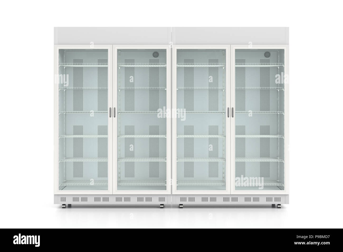 Set of empty glass two door display refrigerator. Isolated on white ...