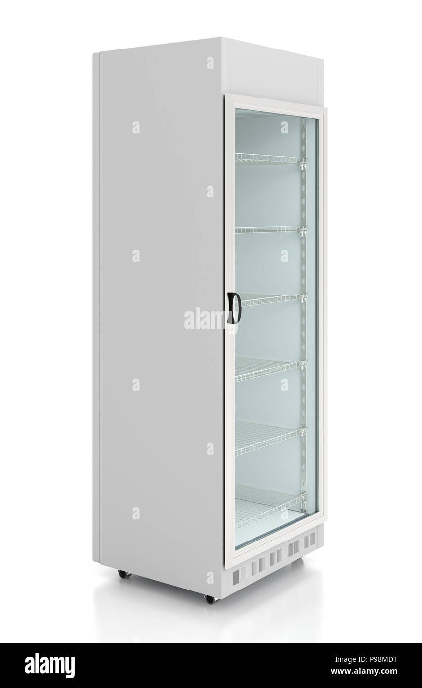 Empty glass door display refrigerator. Isolated on white background ...