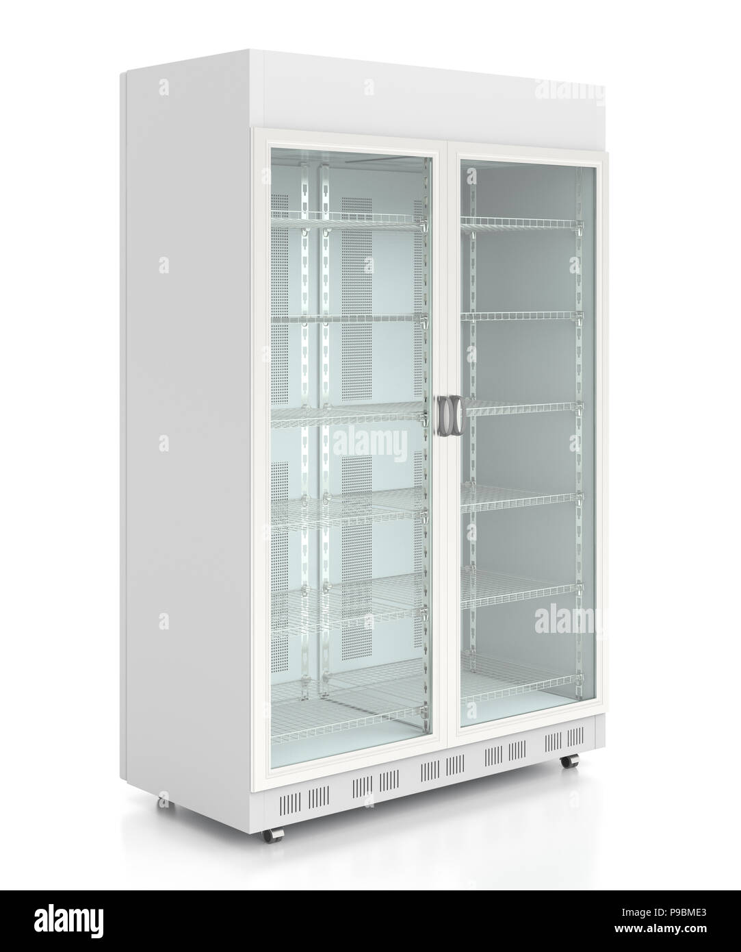 Empty glass two door display refrigerator. Isolated on white background ...