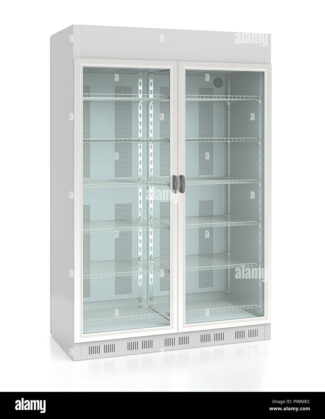 Empty glass two door display refrigerator. Isolated on white background ...