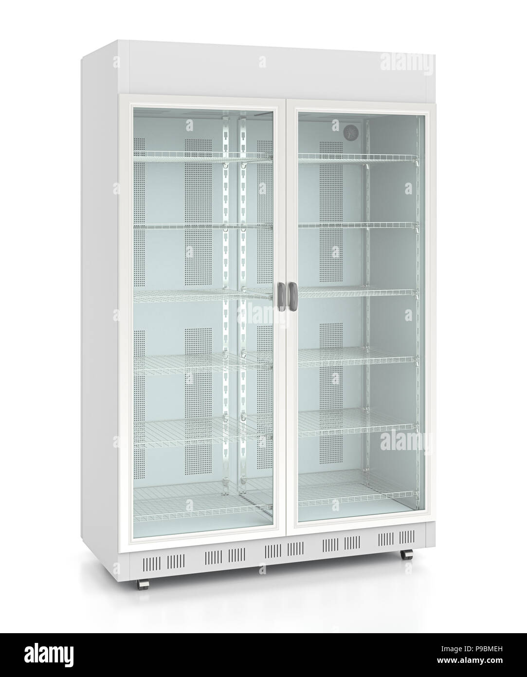 Empty glass two door display refrigerator. Isolated on white background ...