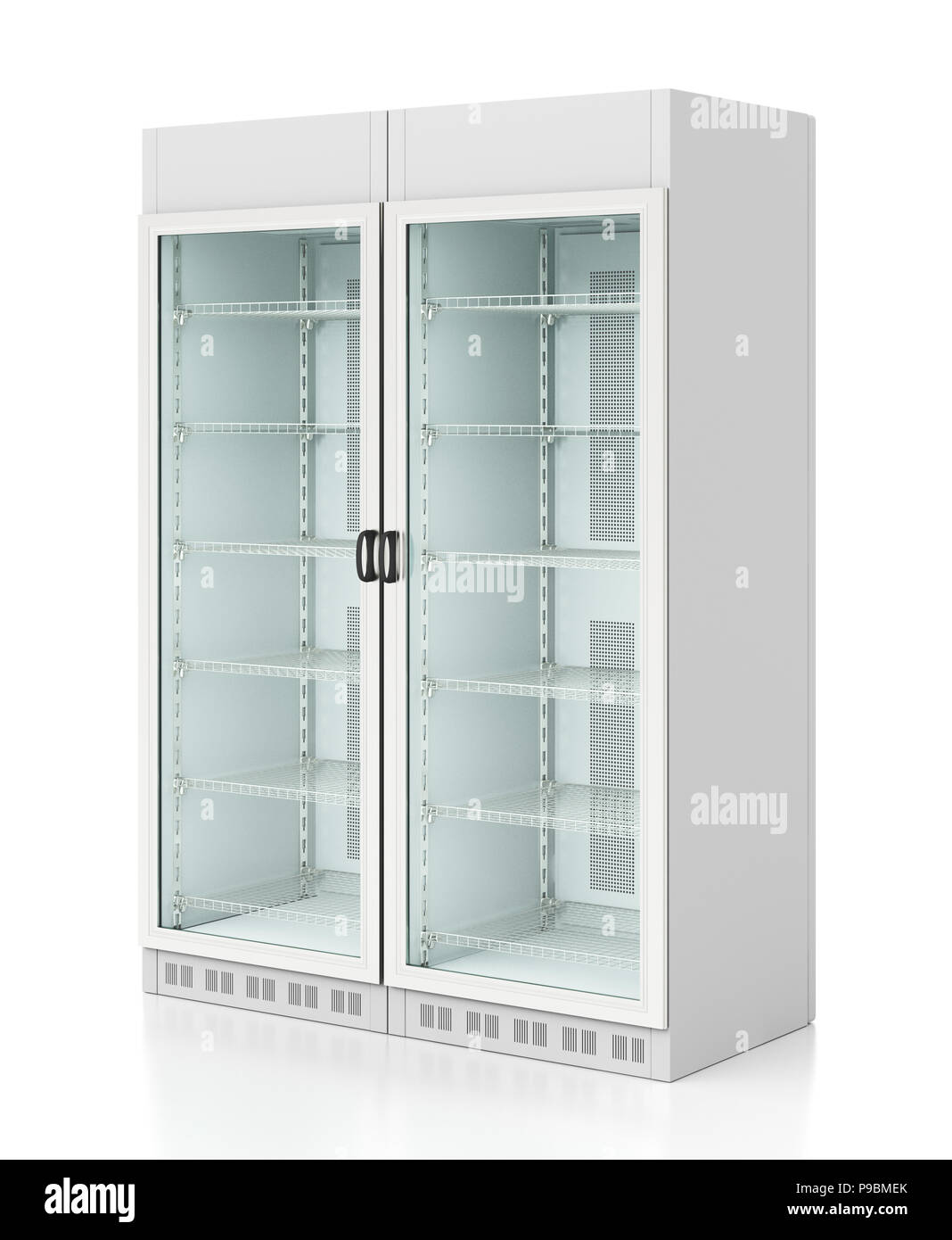 Empty glass two door display refrigerator. Isolated on white background ...