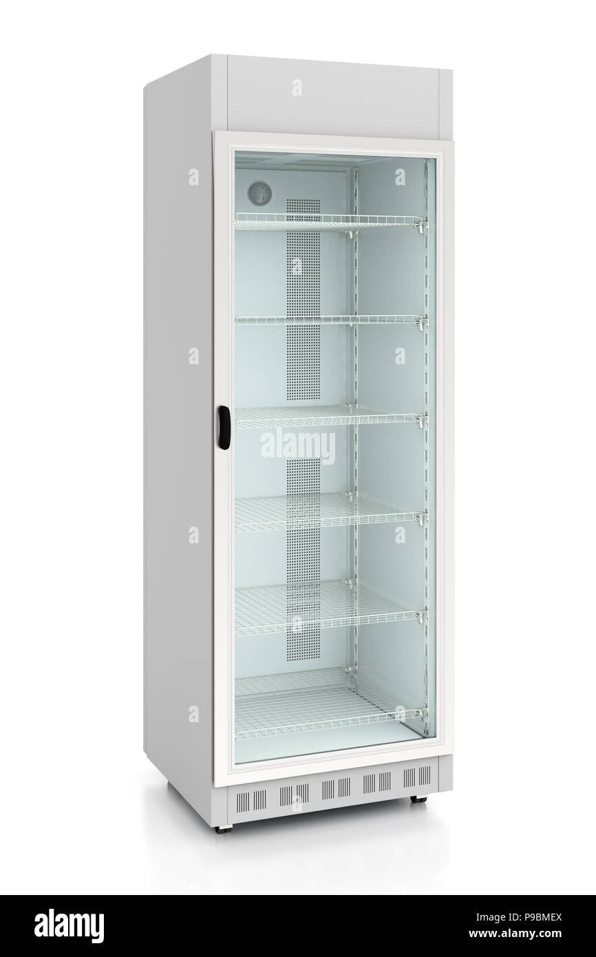Empty glass door display refrigerator. Isolated on white background ...