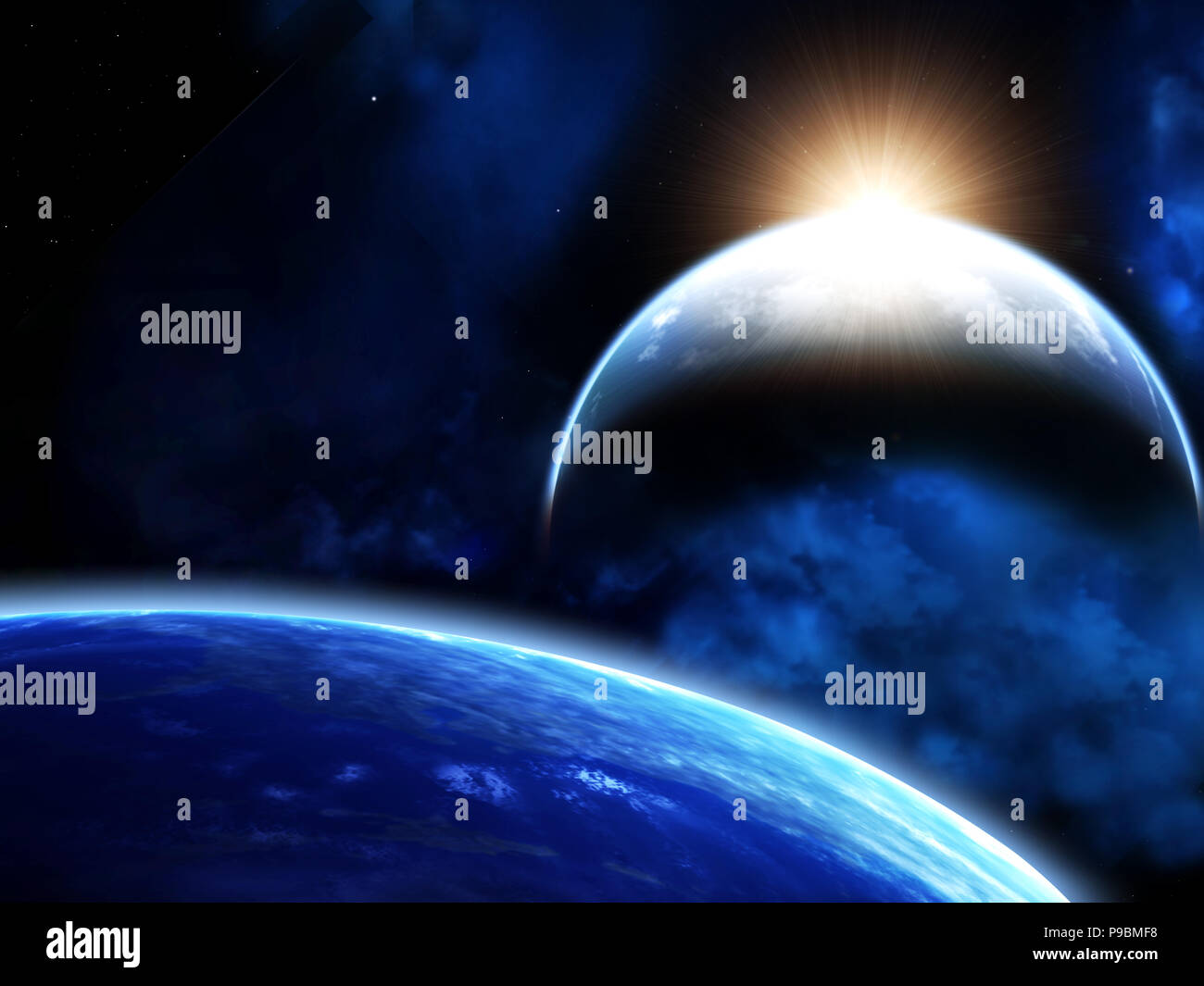 A beautiful space scene with sun, planets and nebula. Elements of this ...