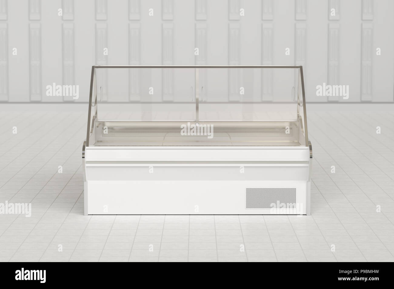 Empty refrigerator display showcase in supermarket interior. 3d render ...