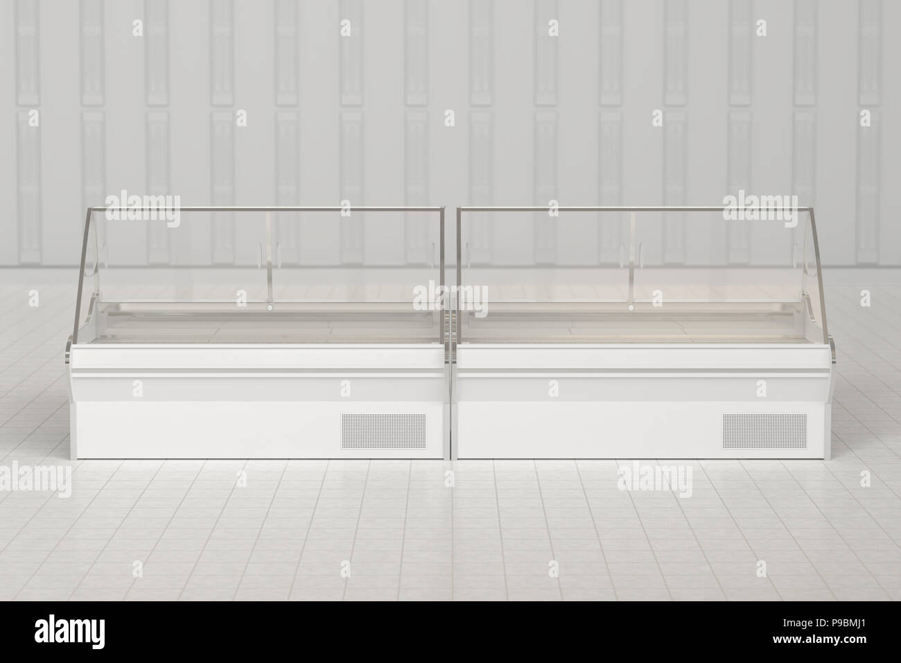 Empty refrigerator display showcase in supermarket interior. 3d render ...