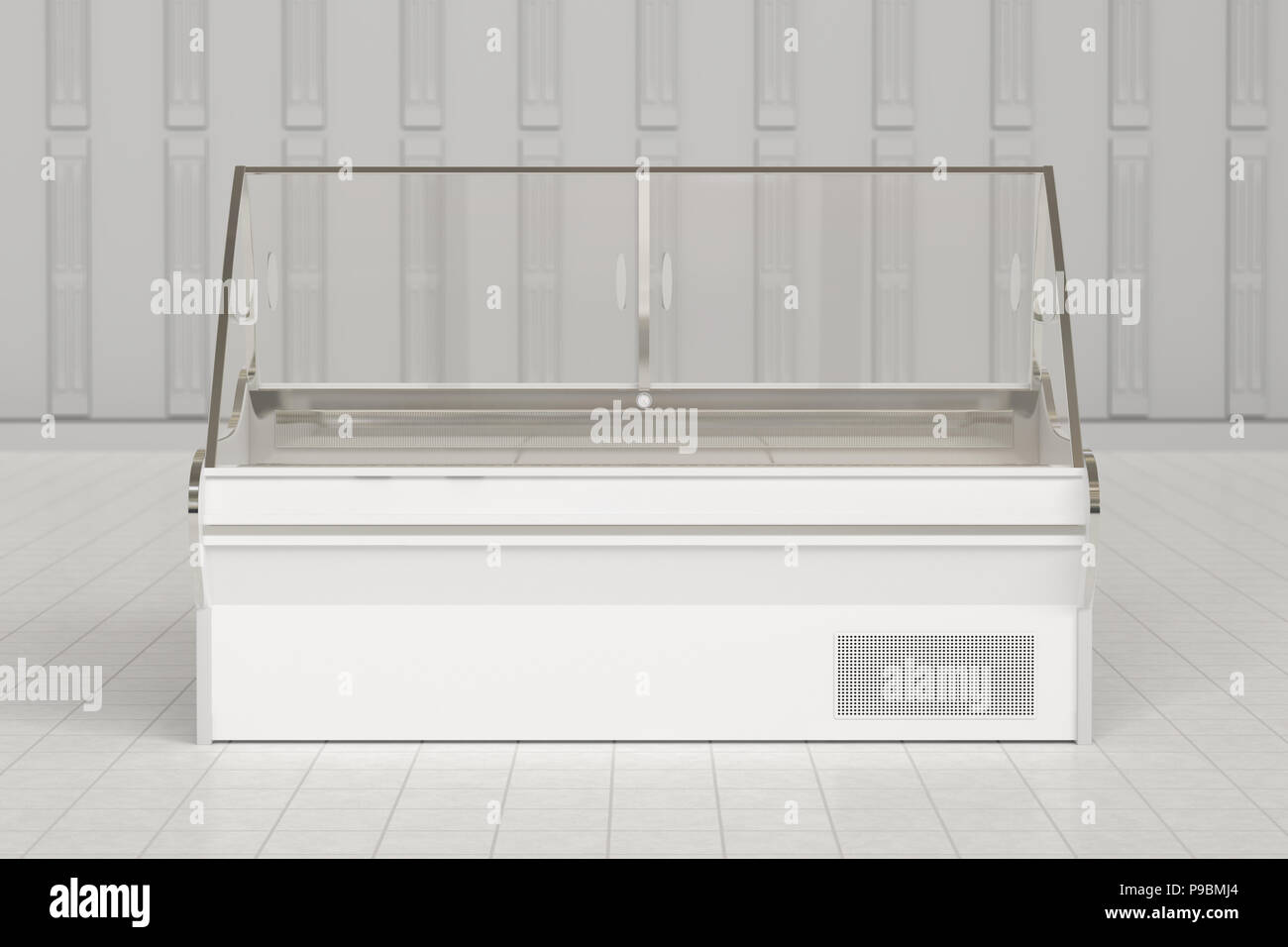 Empty refrigerator display showcase in supermarket interior. 3d render ...