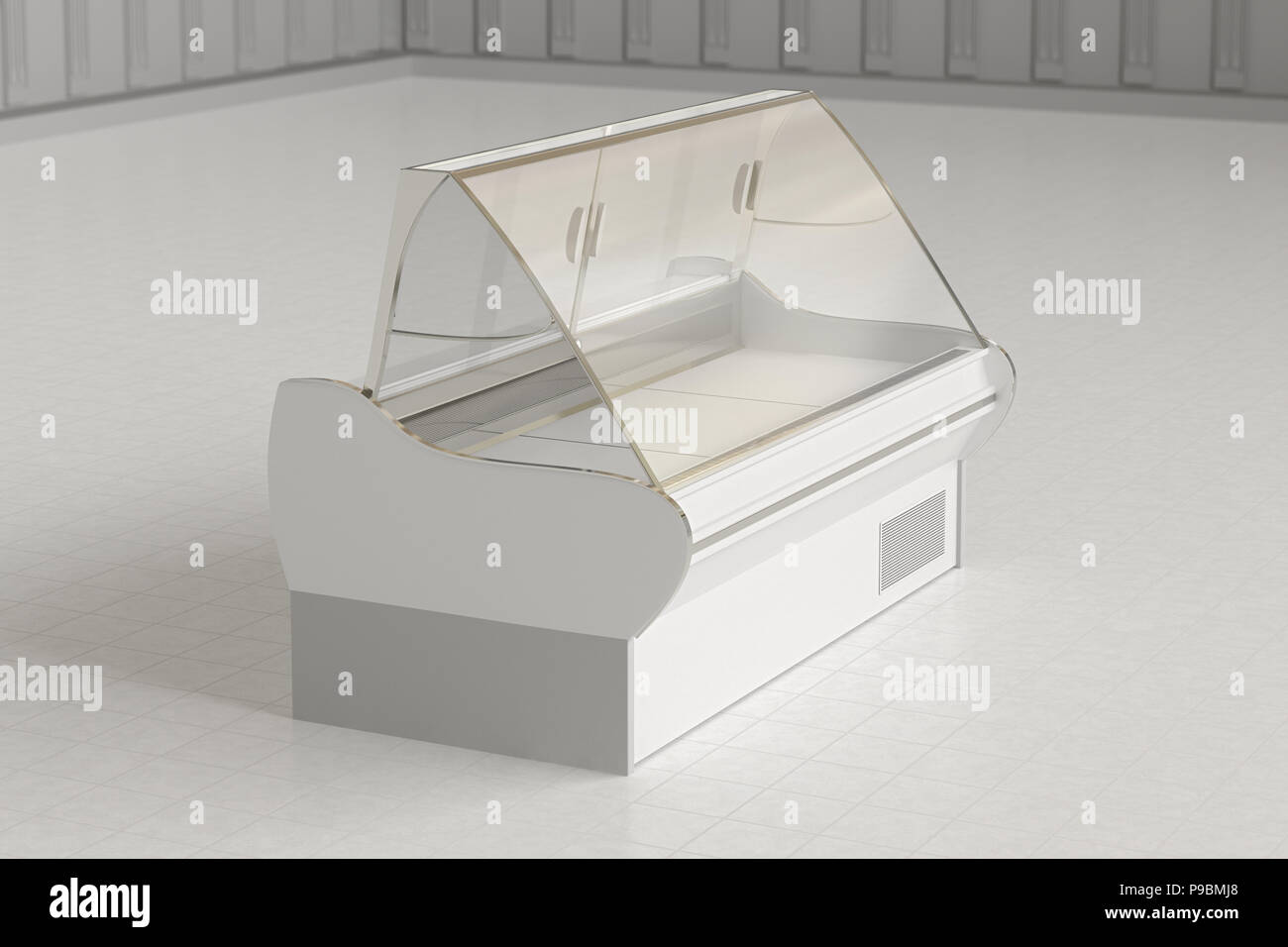 Empty refrigerator display showcase in supermarket interior. 3d render ...