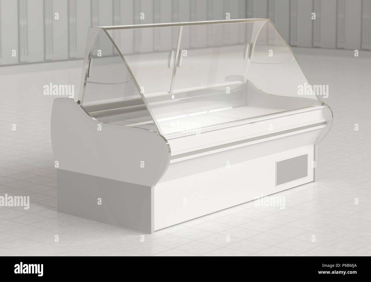 Empty refrigerator display showcase in supermarket interior. 3d render ...