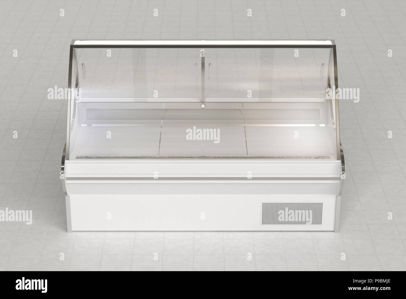 Empty refrigerator display showcase in supermarket interior. 3d render ...