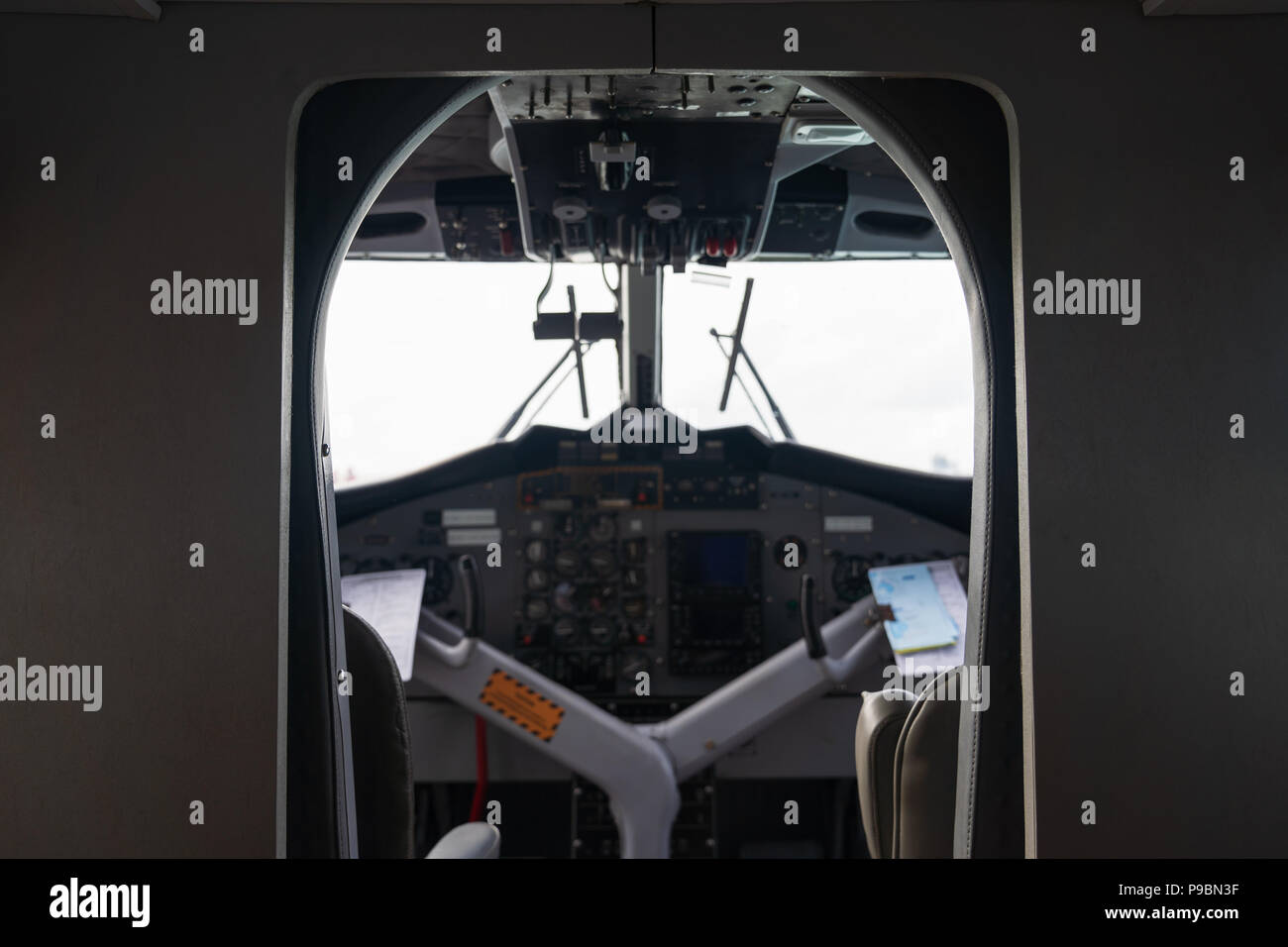 Interior details of airplane cockpit board control background, on white ...