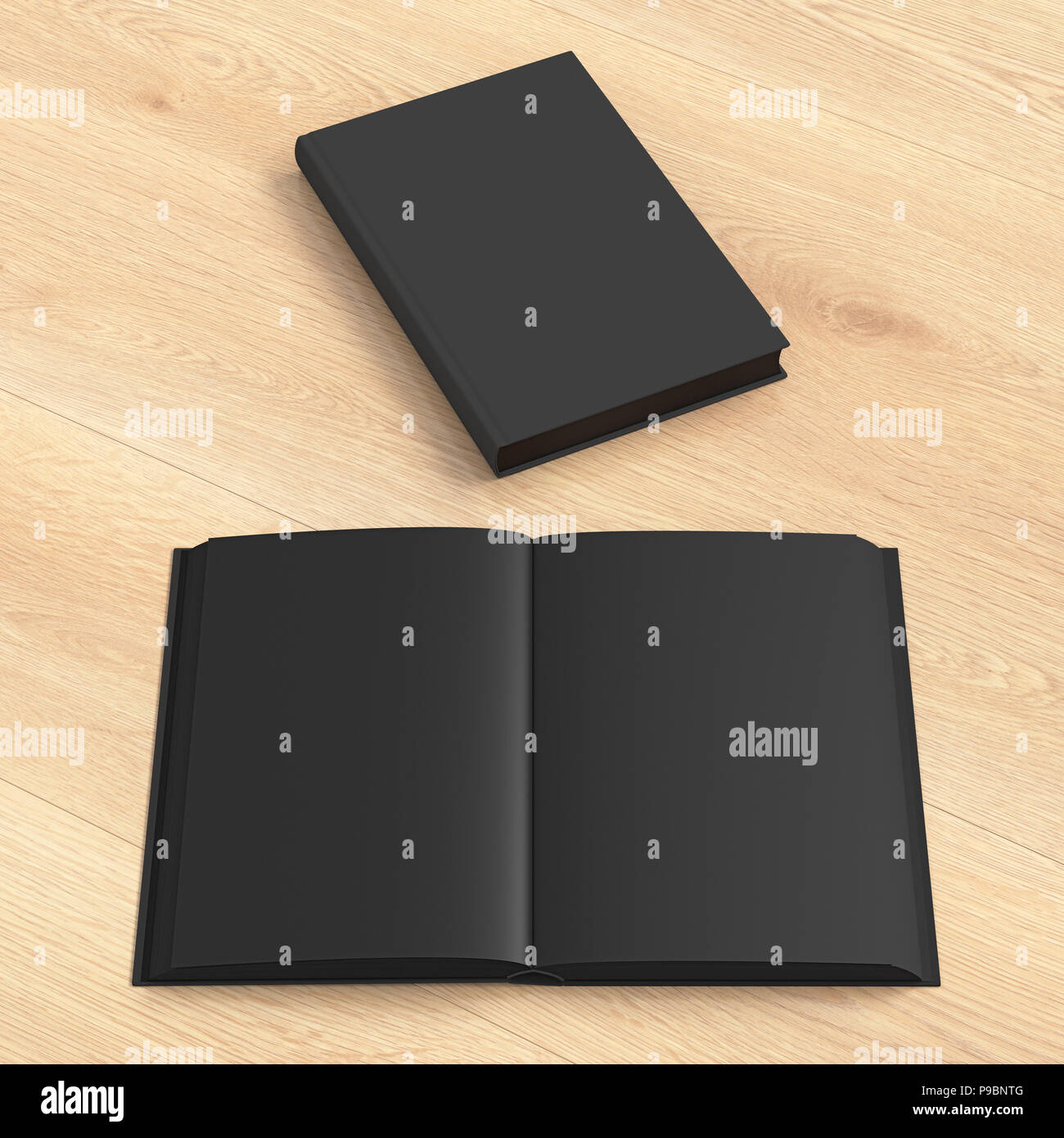 Open and closed books with black cover and blank black pages isolated ...
